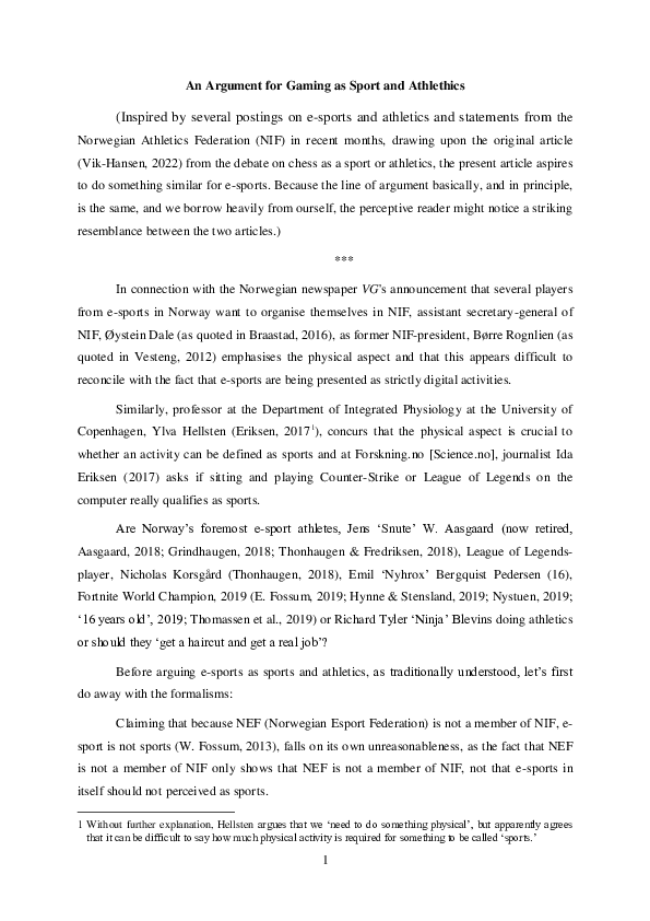 (PDF) An argument for gaming as a sport and athletics