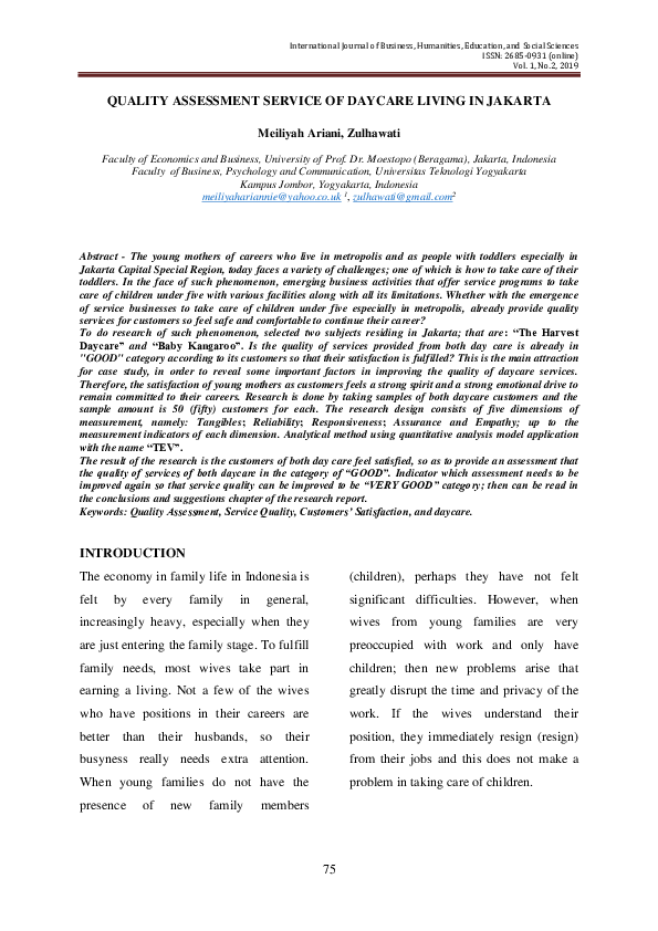 (PDF) Quality Assessment Service of Daycare Living in Jakarta