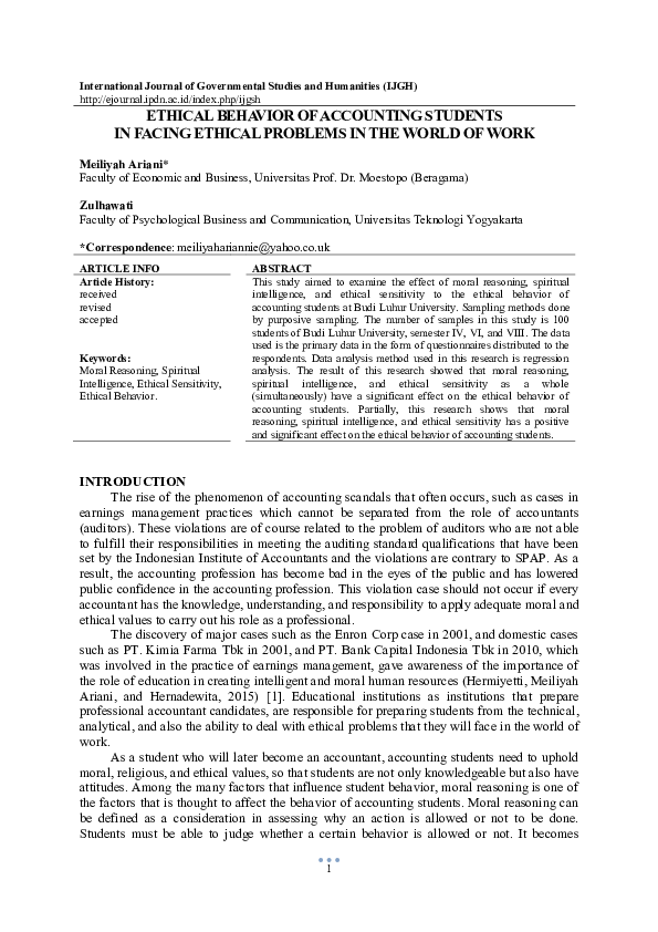 (PDF) Ethical Behavior of Accounting Students in Facing Ethical Problems in the World of Work