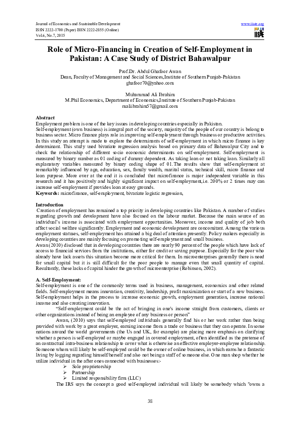 (PDF) Role of Micro-Financing in Creation of Self-Employment in Pakistan: A Case Study of ...