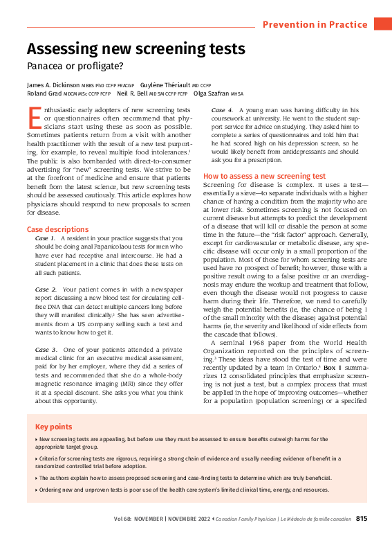 (PDF) Assessing new screening tests