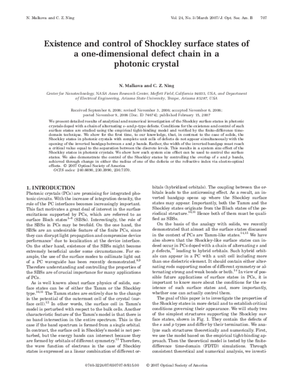 (PDF) Existence and control of Shockley surface states of a one ...