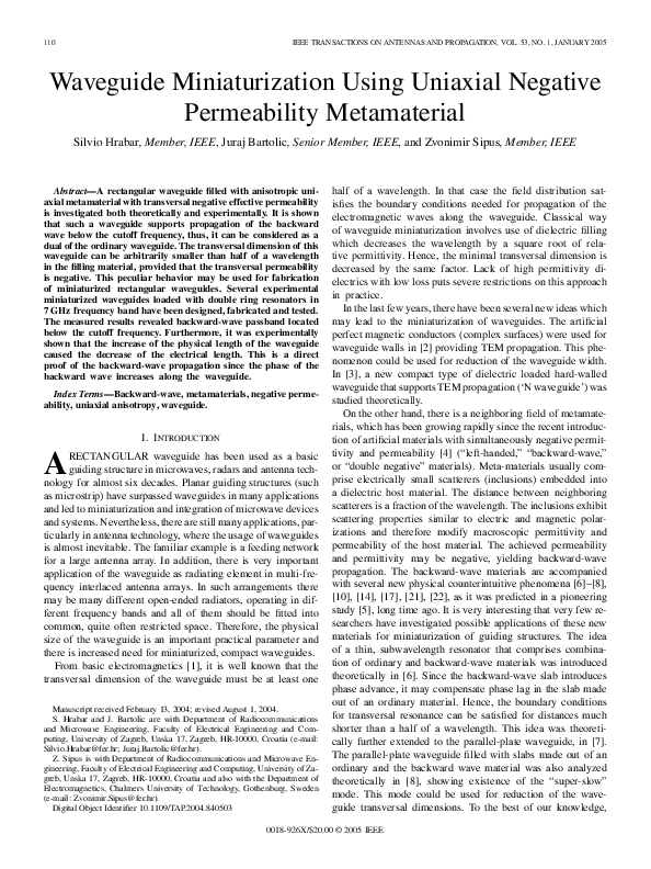 (PDF) Waveguide miniaturization using uniaxial negative permeability metamaterial