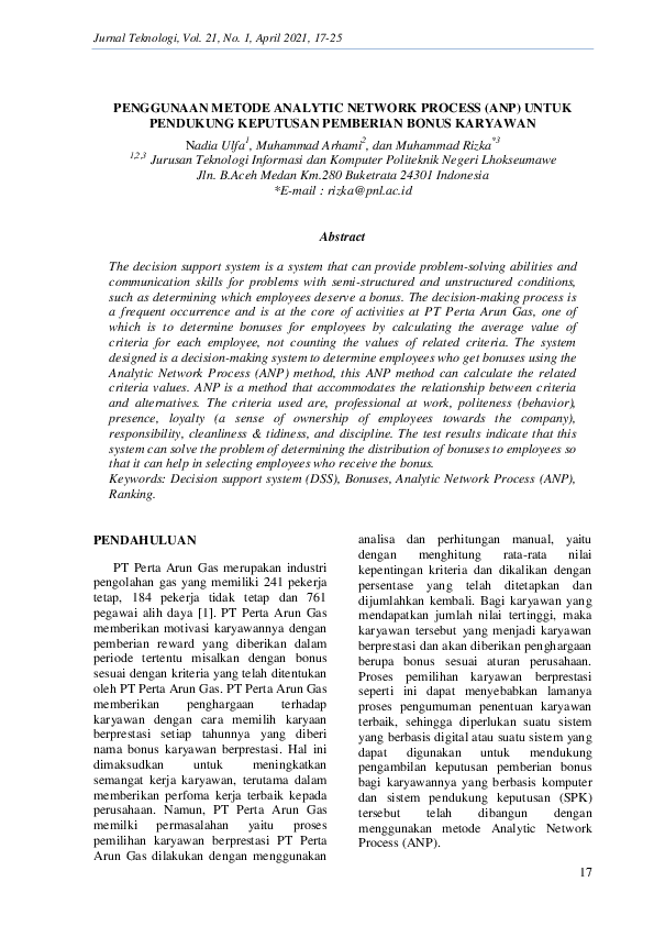 (PDF) Penggunaan Metode Analytic Network Process (ANP) Untuk Pendukung Keputusan Pemberian Bonus ...