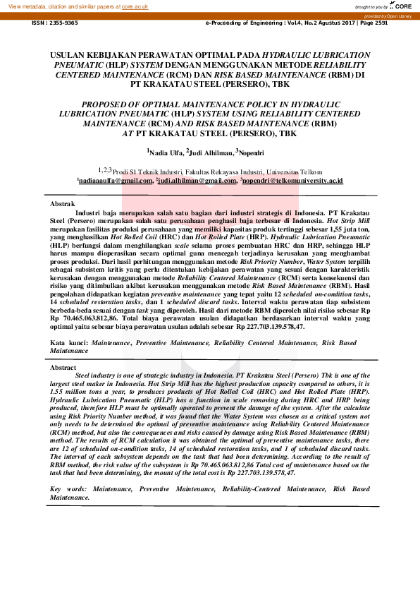 (PDF) Usulan Kebijakan Perawatan Optimal Pada Hydraulic Lubrication Pneumatic (hlp) System ...