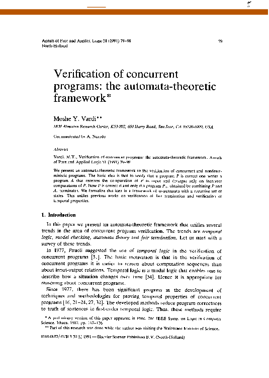 Pdf Verification Of Concurrent Programs The Automata Theoretic Framework