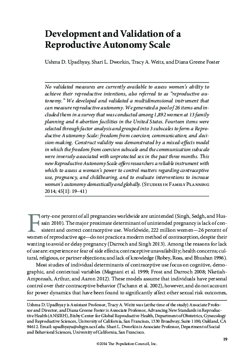 (PDF) Development and Validation of a Reproductive Autonomy Scale