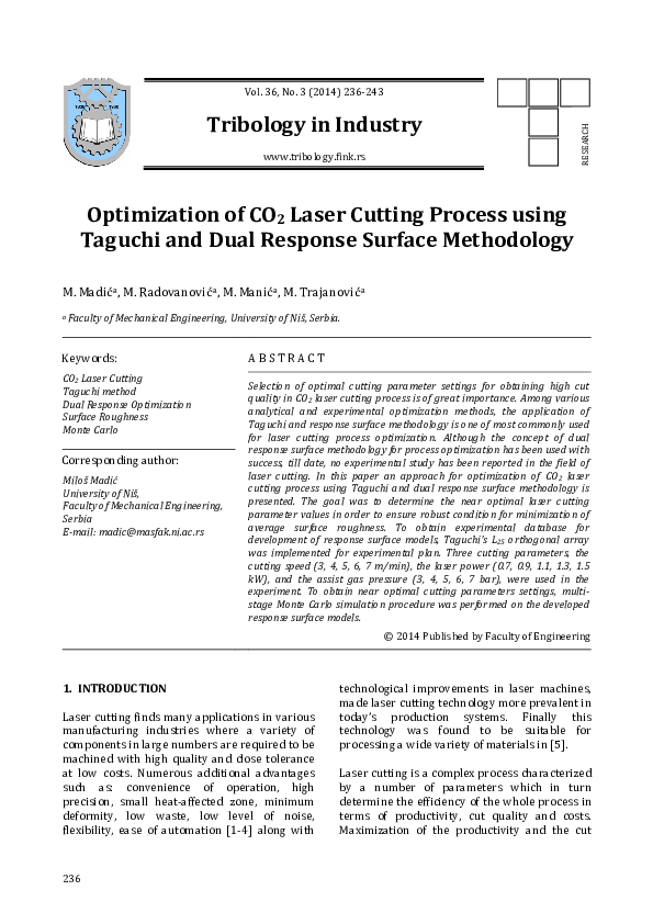 (PDF) Optimization of CO 2 Laser Cutting Process using Taguchi and Dual Response Surface Methodology