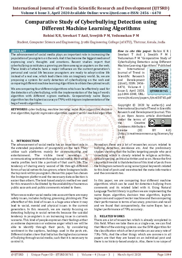 (PDF) Comparative Study of Cyberbullying Detection using Different ...
