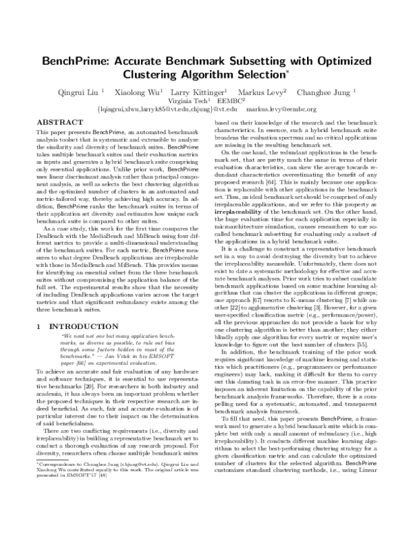 (PDF) BenchPrime: Accurate Benchmark Subsetting with Optimized Clustering Algorithm Selection