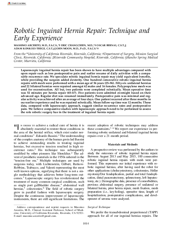 (PDF) Robotic Inguinal Hernia Repair: Technique and Early Experience