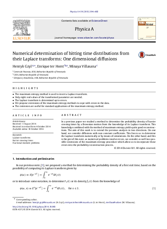 (PDF) Numerical determination of hitting time distributions from their Laplace transforms: One ...