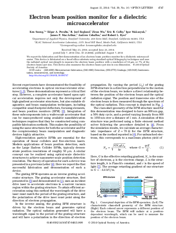 (PDF) Electron beam position monitor for a dielectric microaccelerator