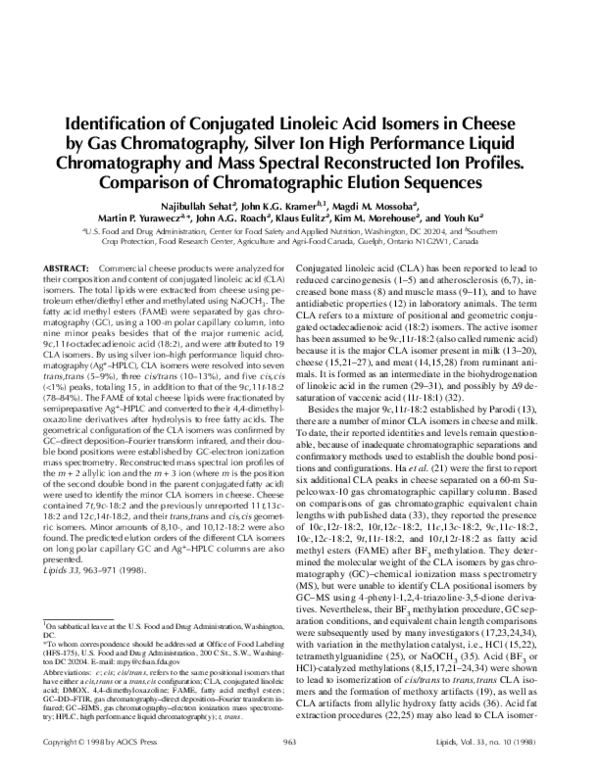 (PDF) Identification of conjugated linoleic acid isomers in cheese by ...