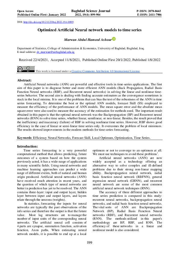 (PDF) Optimized Artificial Neural network models to time series