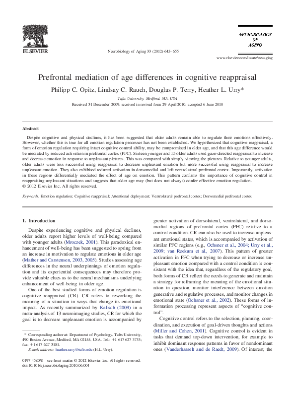 (PDF) Prefrontal mediation of age differences in cognitive reappraisal (PDF) Prefrontal mediation of age differences in cognitive reappraisal