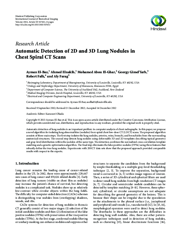 Pdf Automatic Detection Of 2d And 3d Lung Nodules In Chest Spiral Ct Scans