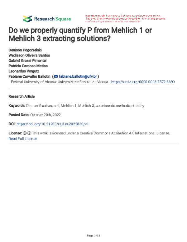 (PDF) Do we properly quantify P from Mehlich 1 or Mehlich 3 extracting ...