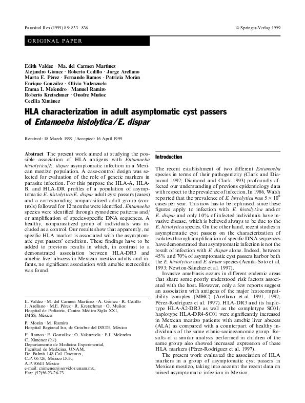 (PDF) HLA characterization in adult asymptomatic cyst passers of ...