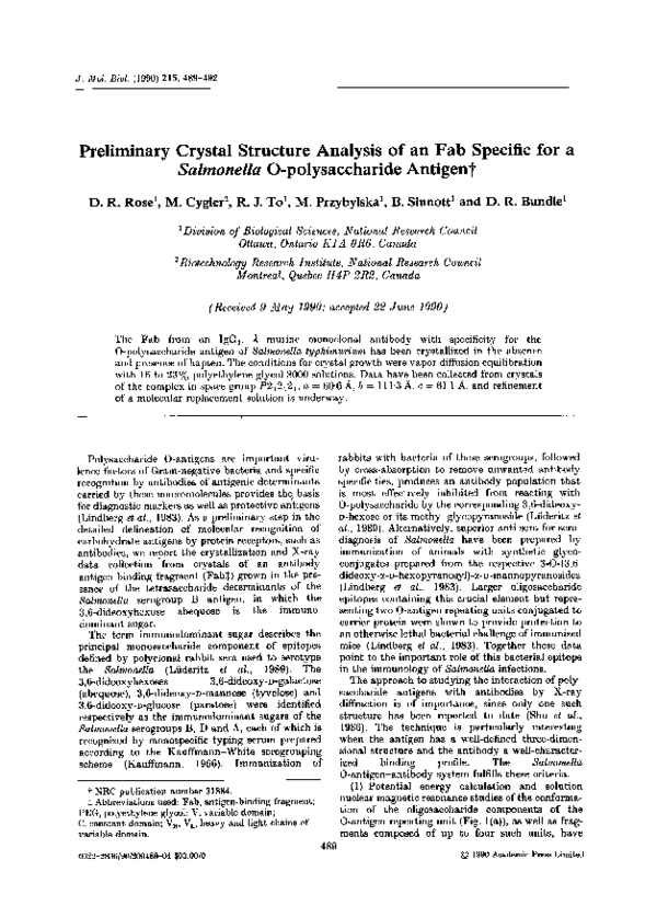 (PDF) Preliminary crystal structure analysis of an Fab specific for a Salmonella O ...
