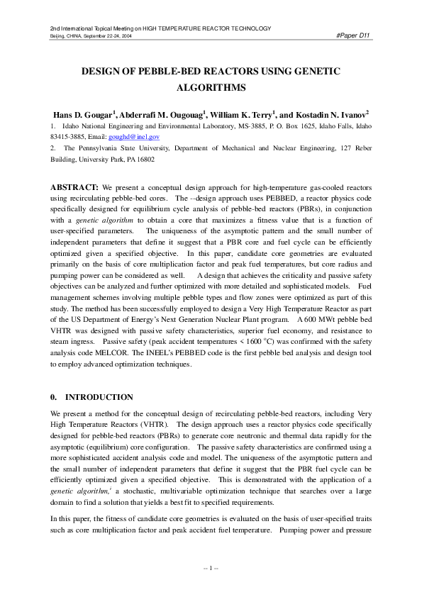 (PDF) Design of pebble-bed reactors using genetic algorithms | Hans Gougar - Academia.edu