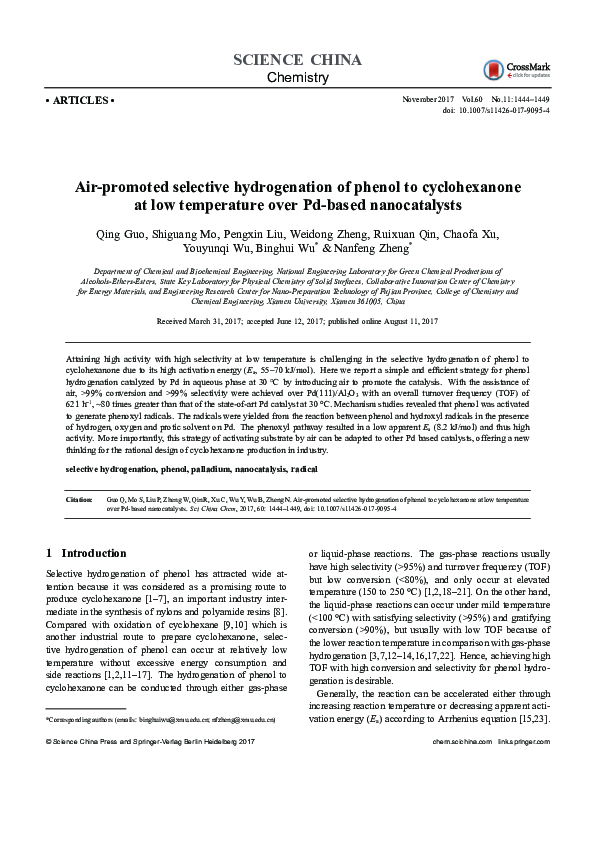 (PDF) Air-promoted selective hydrogenation of phenol to cyclohexanone ...