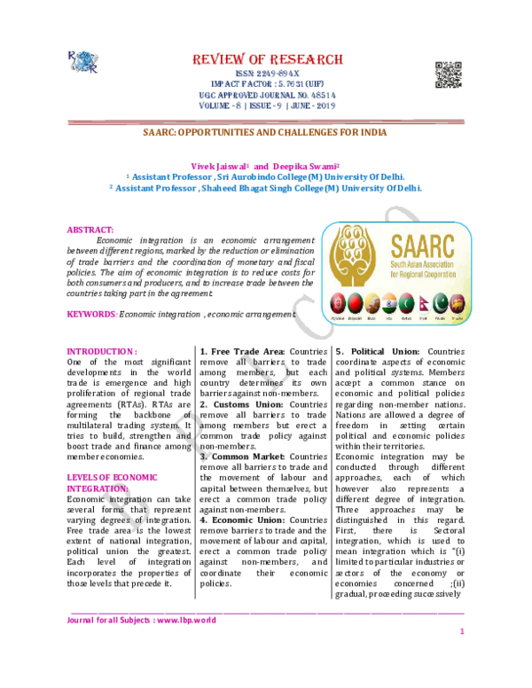 (PDF) Saarc : Opportunities and Challenges for India
