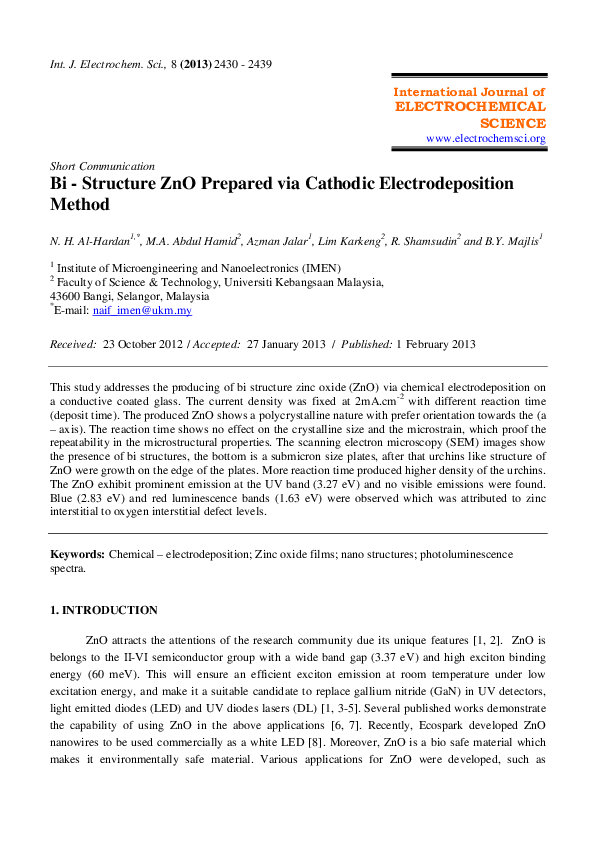 (PDF) Bi - Structure ZnO Prepared via Cathodic Electrodeposition Method