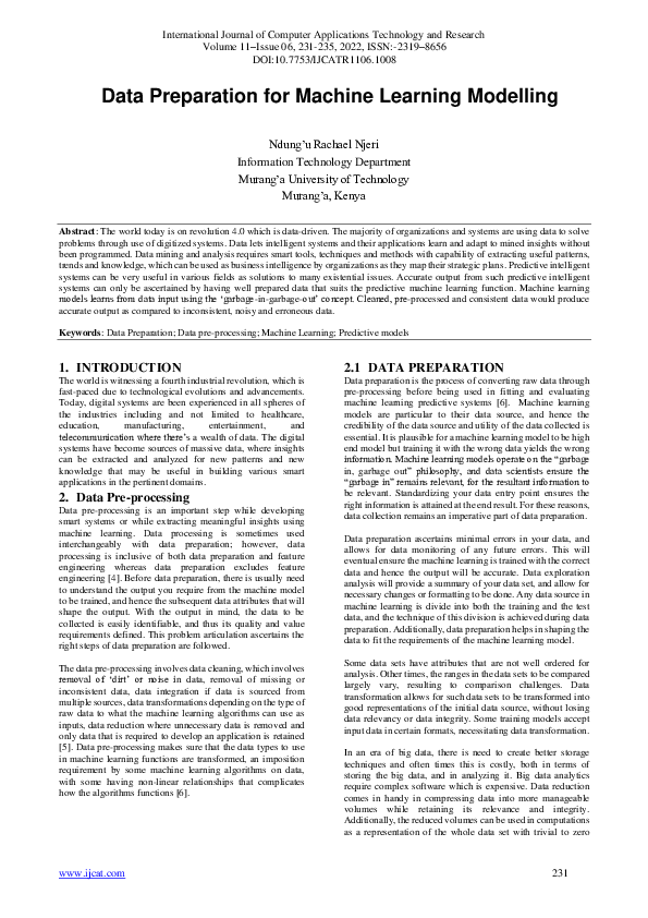 (PDF) Data Preparation For Machine Learning Modelling