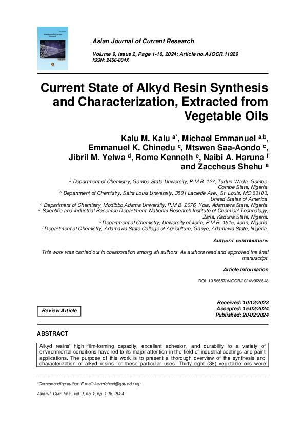 (PDF) Current State of Alkyd Resin Synthesis and Characterization, Extracted from Vegetable Oils