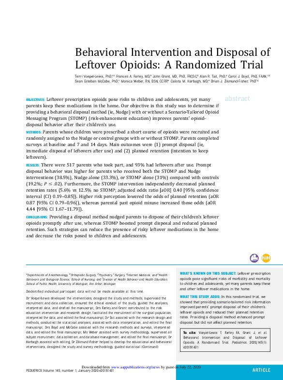 (PDF) Behavioral Intervention and Disposal of Leftover Opioids: A ...