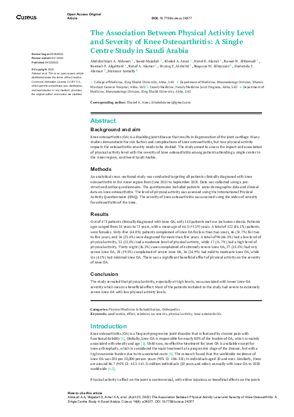 (PDF) The Association Between Physical Activity Level and Severity of Knee Osteoarthritis: A ...
