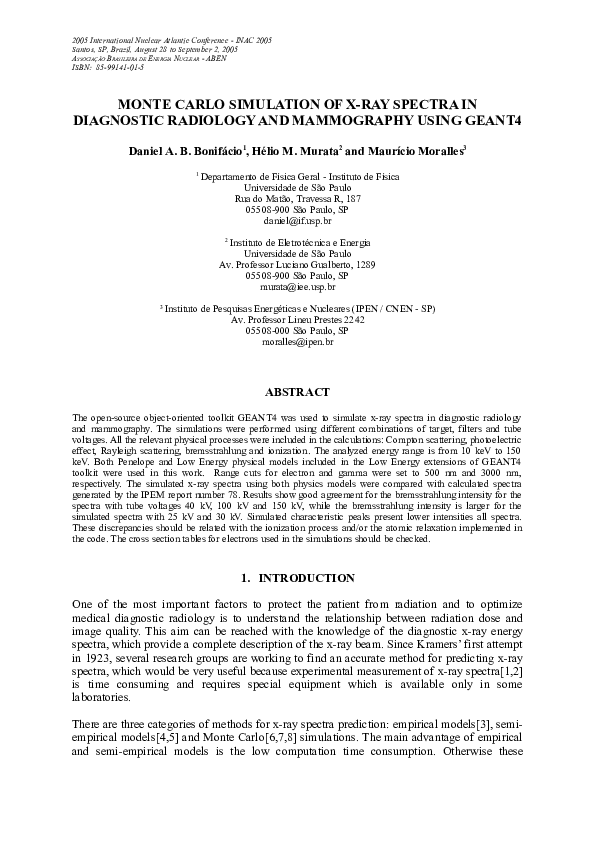 (PDF) Monte Carlo Simulation of X-Ray Spectra in Diagnostic Radiology and Mammography Using GEANT4