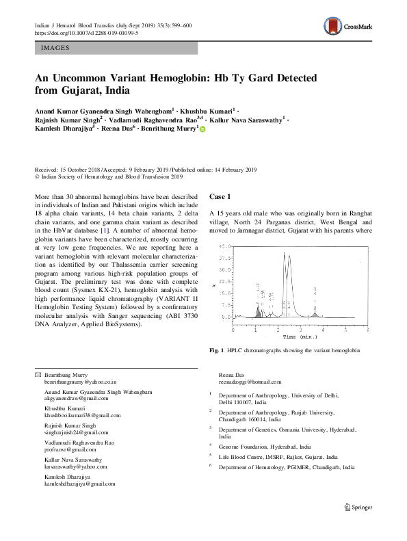 (PDF) An Uncommon Variant Hemoglobin: Hb Ty Gard Detected from Gujarat ...