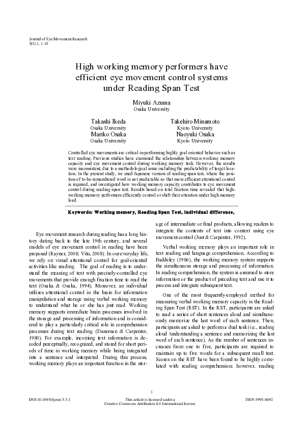 (PDF) Working Memory and Eye Movement Control in Reading