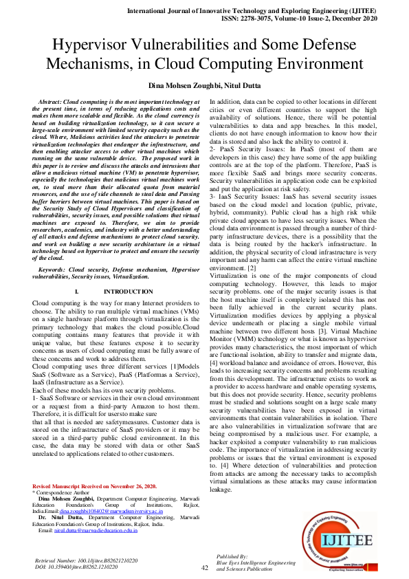 (PDF) Hypervisor Vulnerabilities and Some Defense Mechanisms, in Cloud Computing Environment