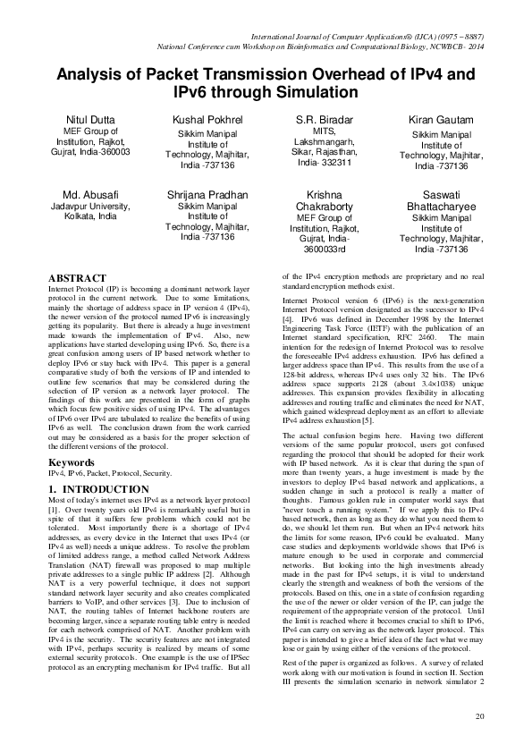 (PDF) Analysis of Packet Transmission Overhead of IPv4 and IPv6 through Simulation | Nitul Dutta ...