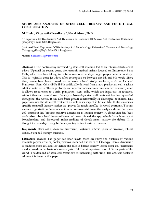 (PDF) Study And Analysis Of Stem Cell Therapy And Its Ethical Consideration