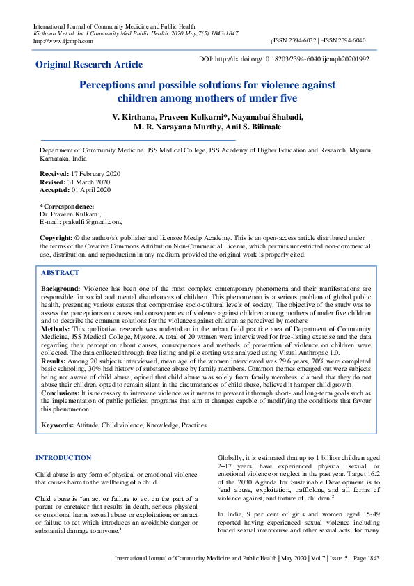 (PDF) Perceptions and possible solutions for violence against children ...