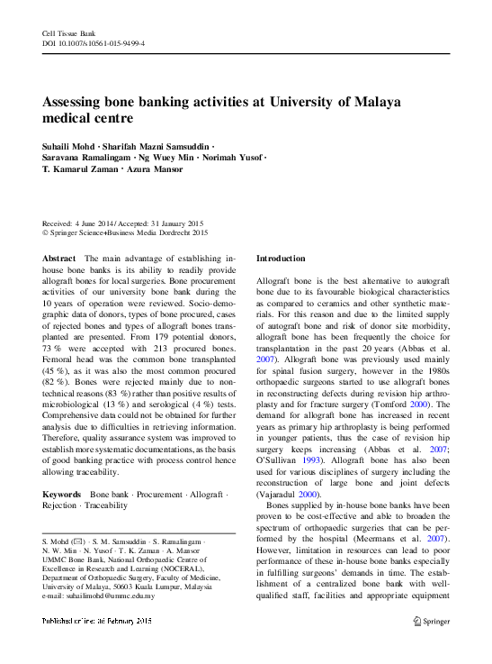 (PDF) Assessing bone banking activities at University of Malaya medical ...