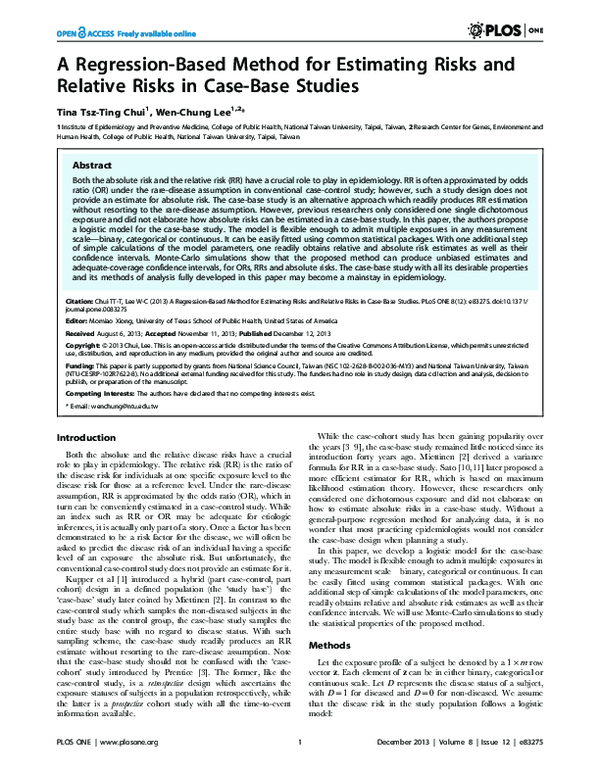 (PDF) A Regression-Based Method for Estimating Risks and Relative Risks in Case-Base Studies