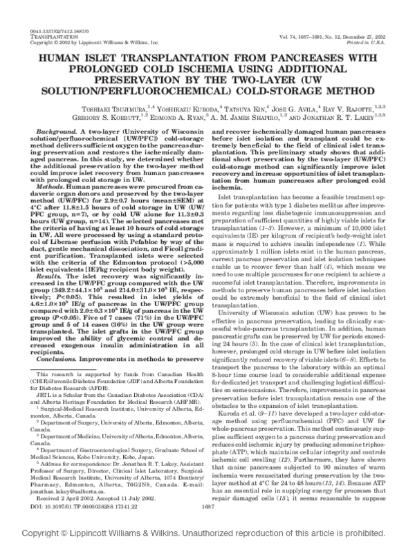 (PDF) Human islet transplantation from pancreases with prolonged cold ...