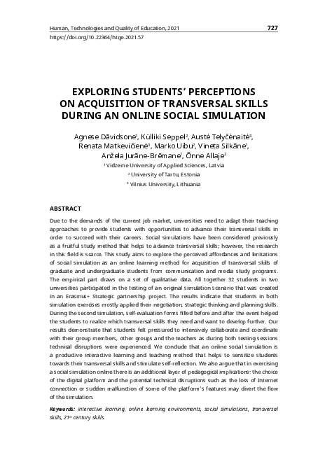 (PDF) Exploring Students’ Perceptions on Acquisition of Transversal Skills During an Online ...