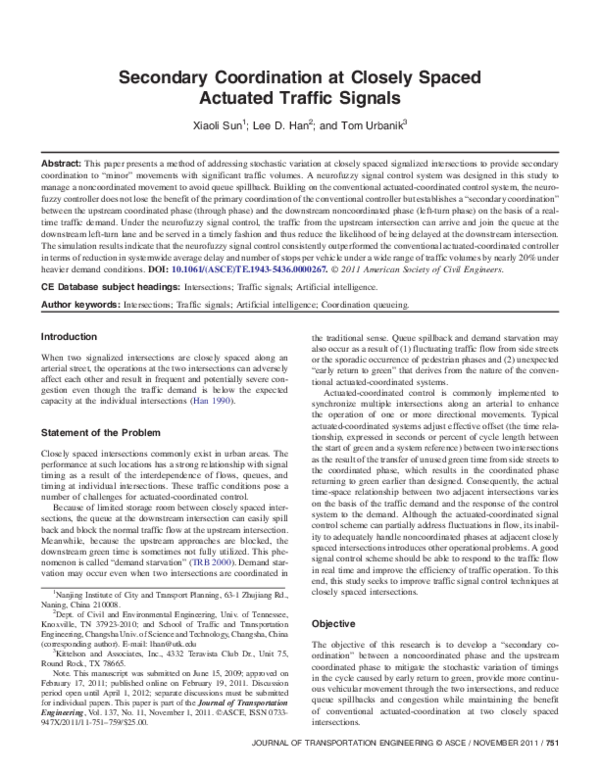(PDF) Secondary Coordination at Closely‐Spaced Actuated Traffic Signals