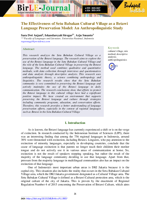 (PDF) The Effectiveness of Setu Babakan Cultural Village as a Betawi ...