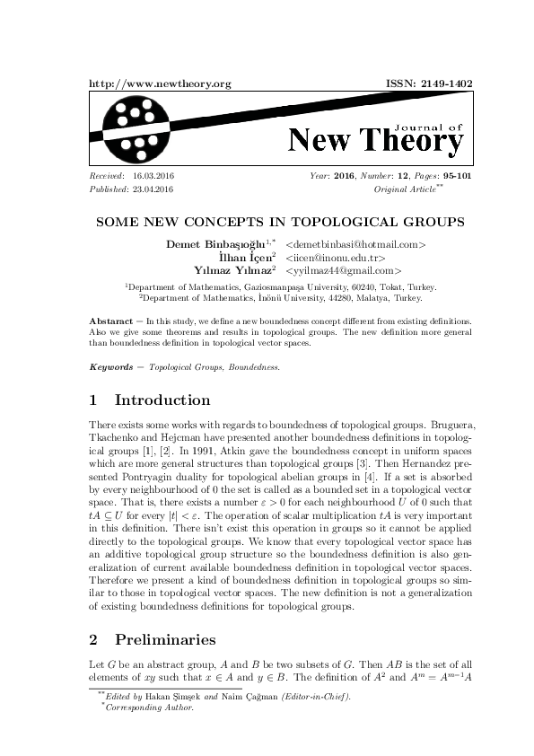 (PDF) Some New Concepts in Topological Groups