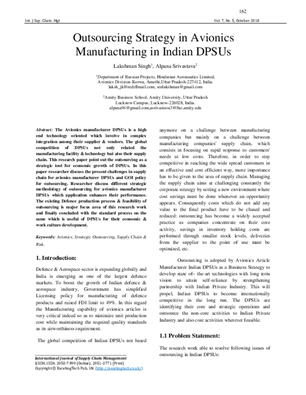 (PDF) Outsourcing Strategy in Avionics Manufacturing in Indian DPSUs ...