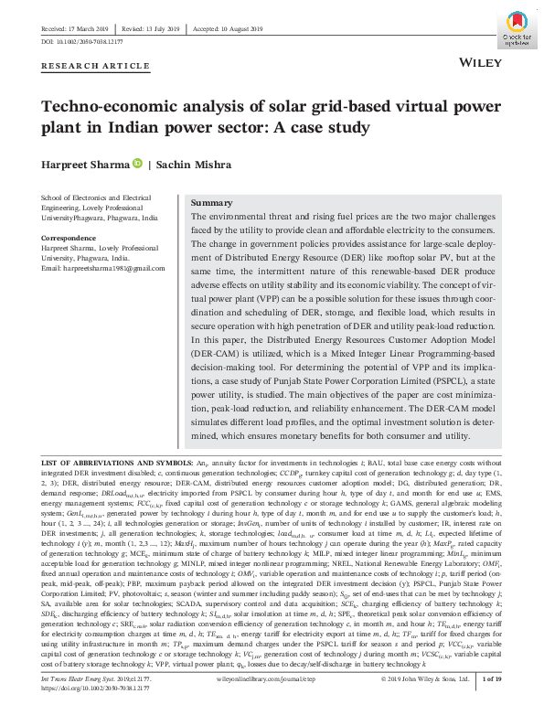 (PDF) Techno‐economic analysis of solar grid‐based virtual power plant ...