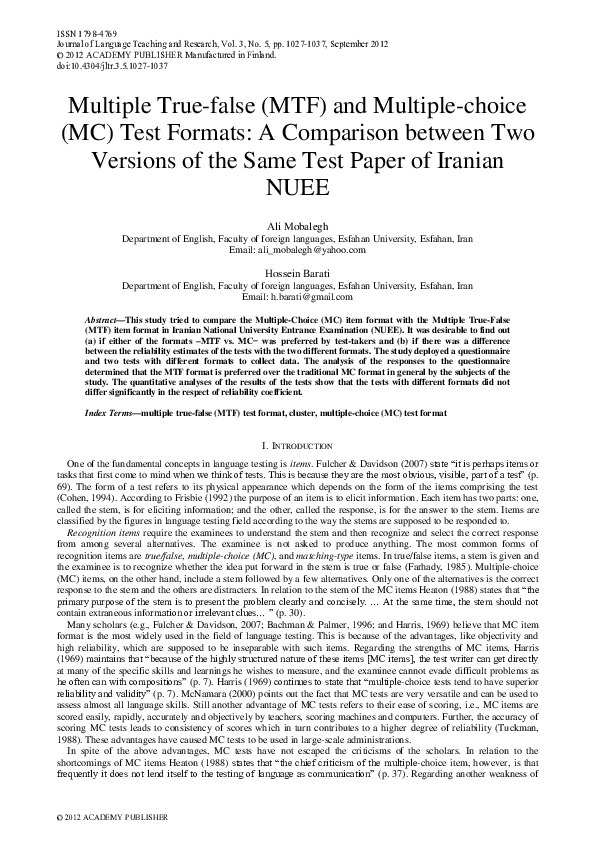 (PDF) Multiple True-false (MTF) and Multiple-choice (MC) Test Formats ...