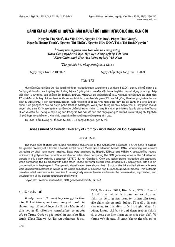 (PDF) ĐÁNH GIÁ ĐA DẠNG DI TRUYỀN TẰM DÂU BẰNG TRÌNH TỰ NUCLEOTIDE GEN COI